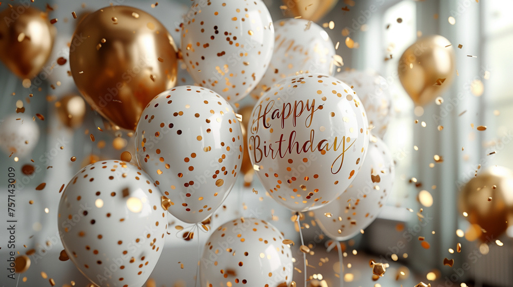 Elegant Golden Birthday Balloons and Confetti Celebration Scene, Happy ...