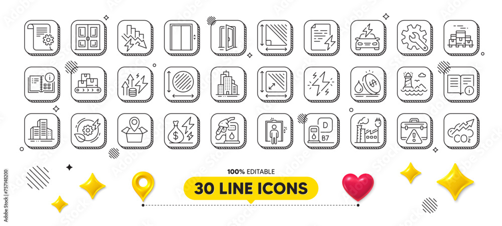 Factory, Customisation and Diesel station line icons pack. 3d design elements. Package location ...