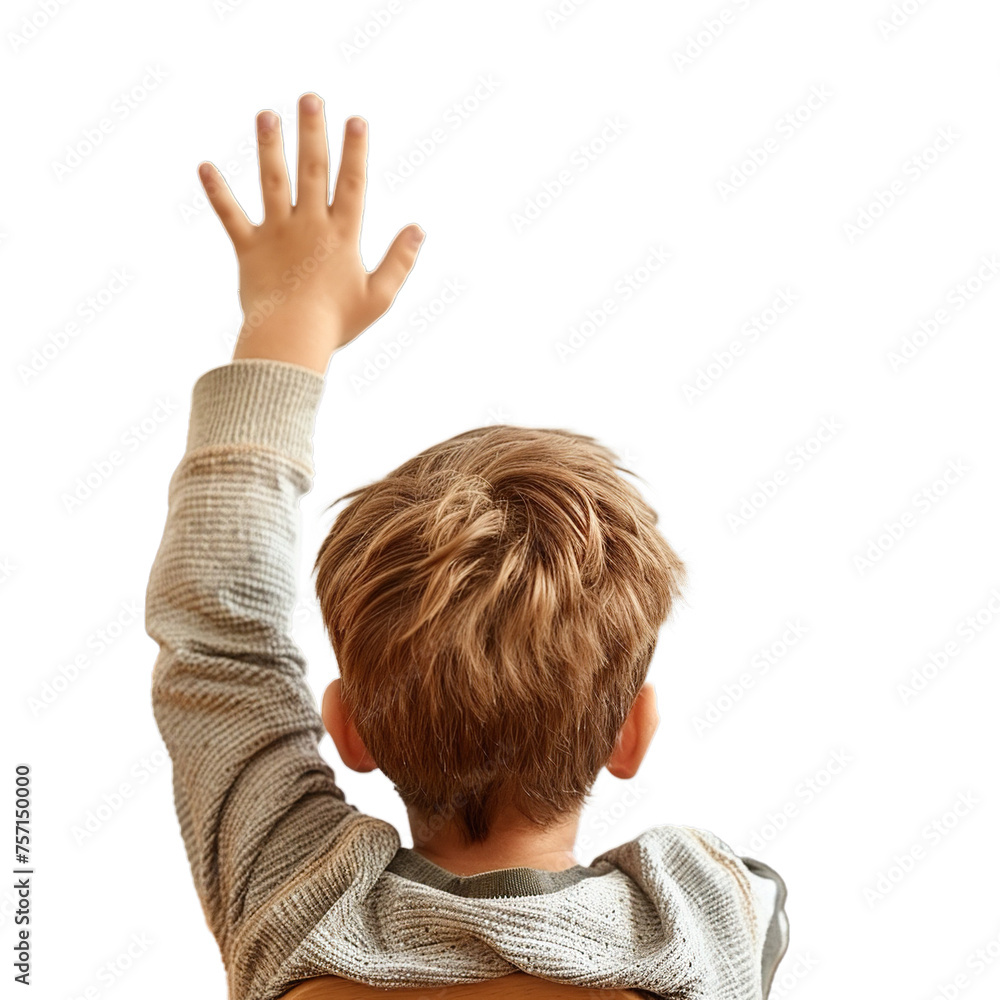 Back view of a child sitting on a chair and raising his hand to answer ...