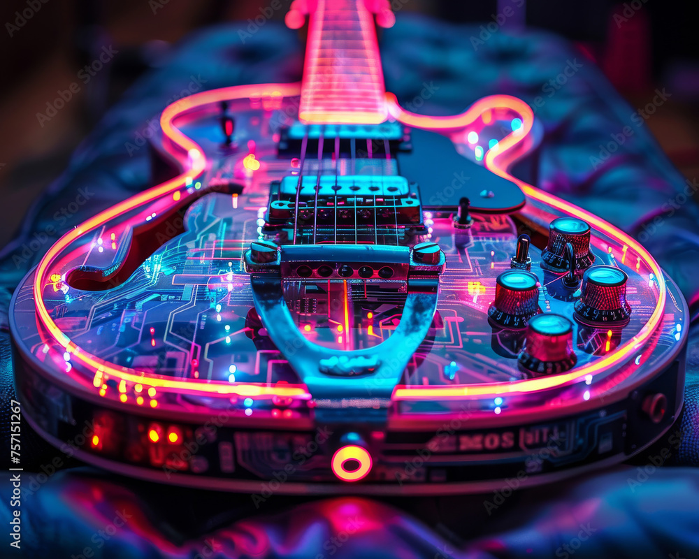 An electric guitar boasting a futuristic design illuminated by vibrant ...