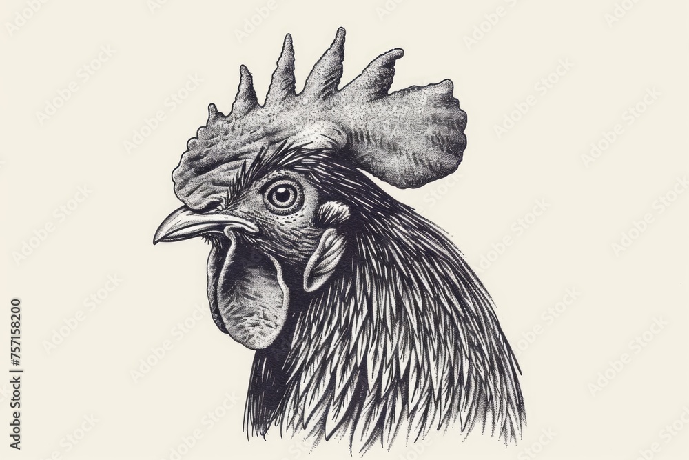 Rooster head in ink pencil style drawing, engrave old school. Rooster ...