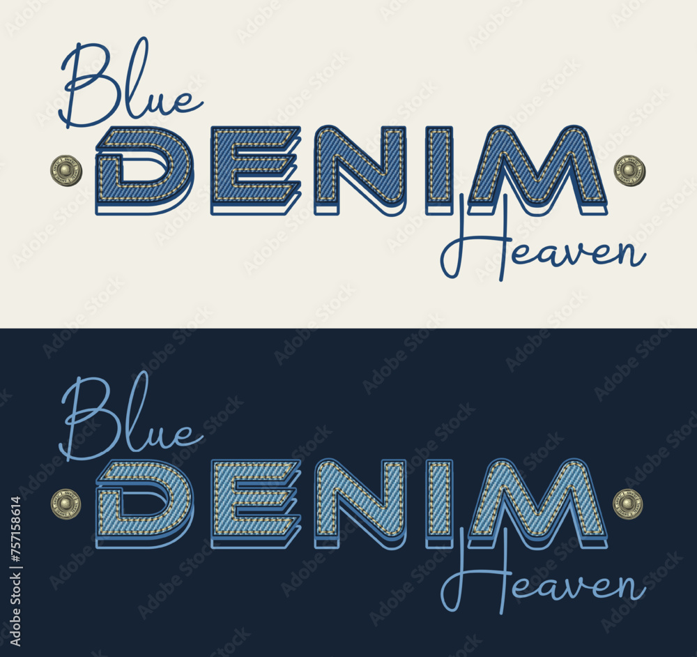 Horizontal denim label with text Blue Heaven, jeans buttons. Volume ...