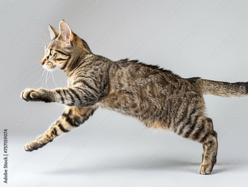 A grey tabby cat captured mid-leap with its body stretched out and all ...