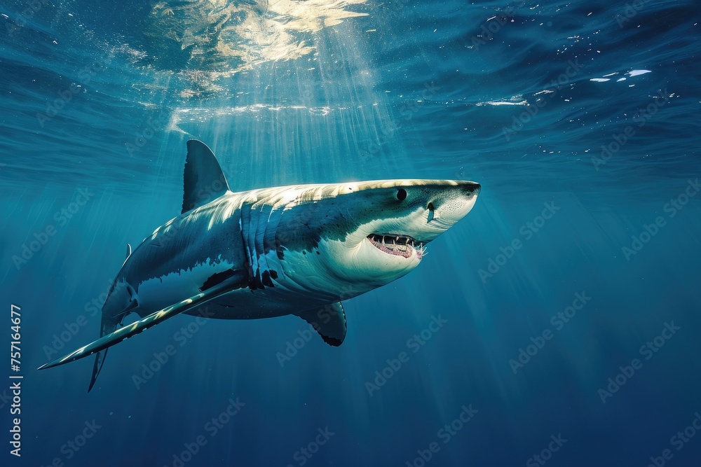 A great white shark gracefully glides through the deep blue waters of ...