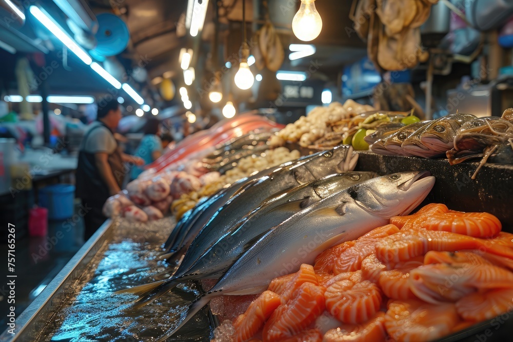 Bustling Fish Market Showcasing an Array of Fish Varieties, A fish ...