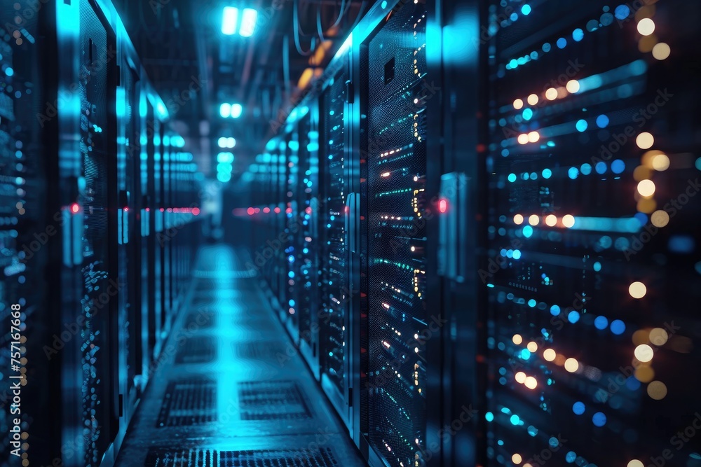 A photo capturing the rows of servers in a data center, illuminated in ...
