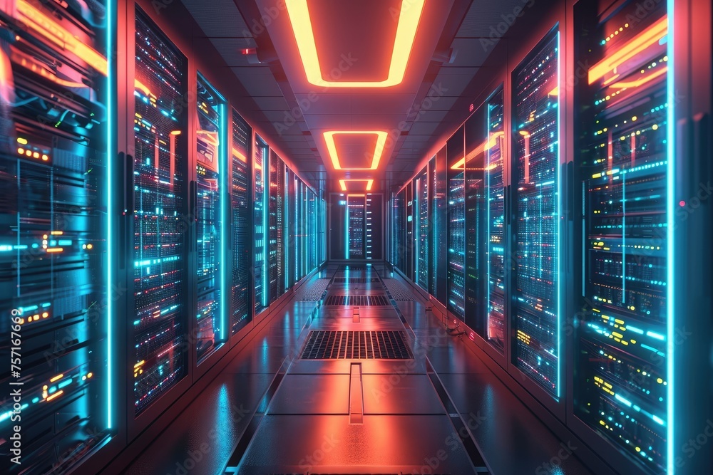 A photograph of a long hallway in a data center filled with rows of ...