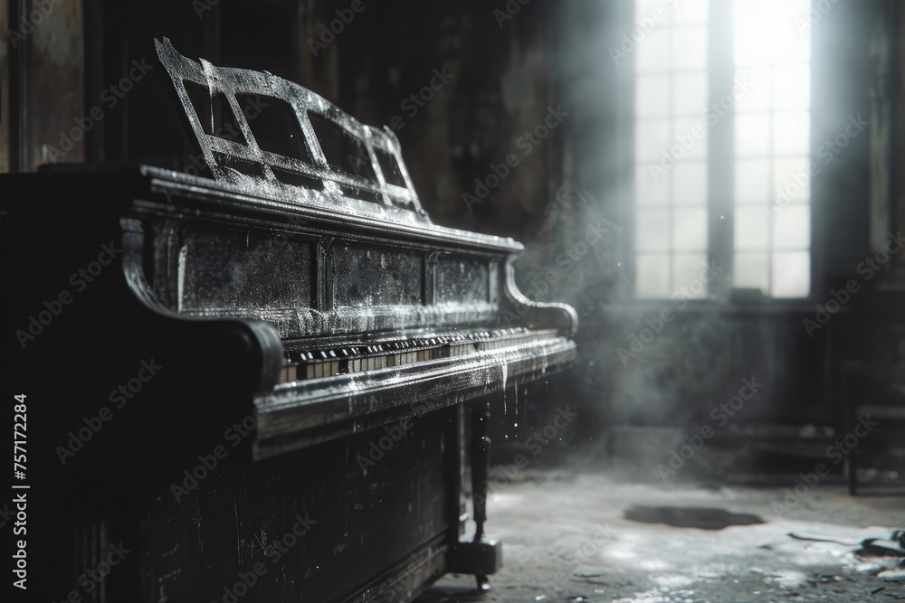 An atmospheric photo capturing an aged piano bathed in sunlight from a ...