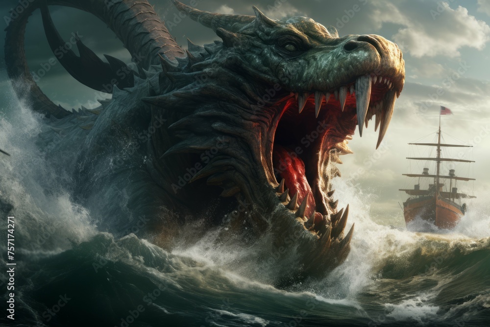 Giant sea serpent attacking a ship Stock Illustration | Adobe Stock