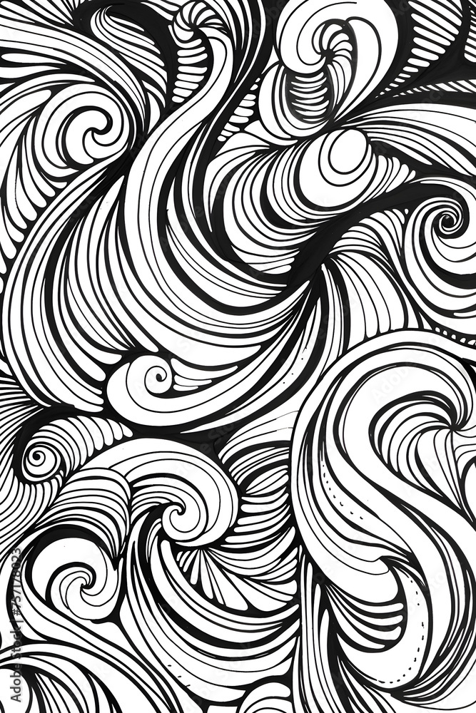 Black and white illustration featuring undulating curves and twists ...