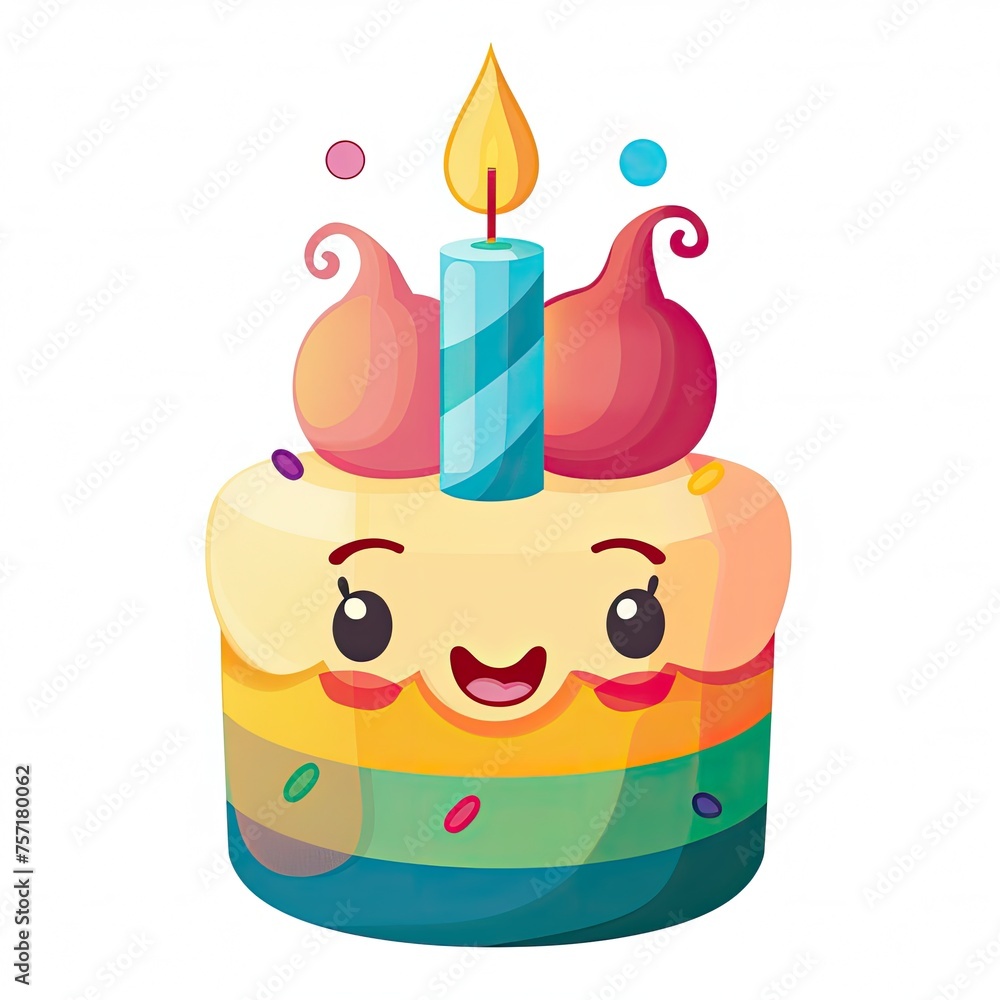 Birthday cake emoticon with candle and happy face on a white background ...