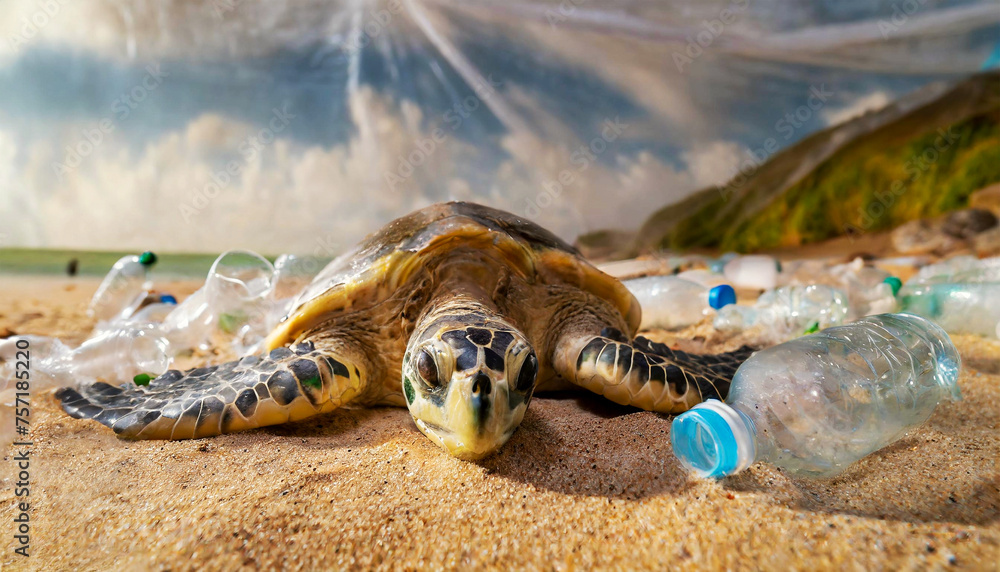 Dead sea turtle, surrounded by many plastic bottles on the shore of a ...