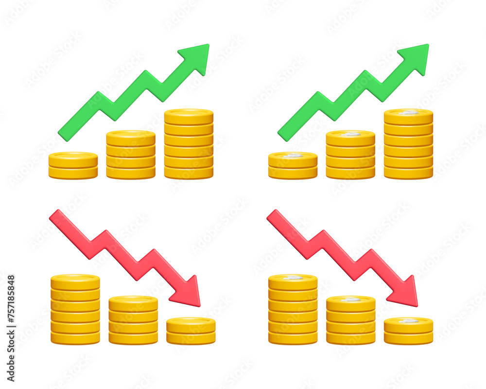 3d gold coin stack with green up and red down arrow isolated on white ...