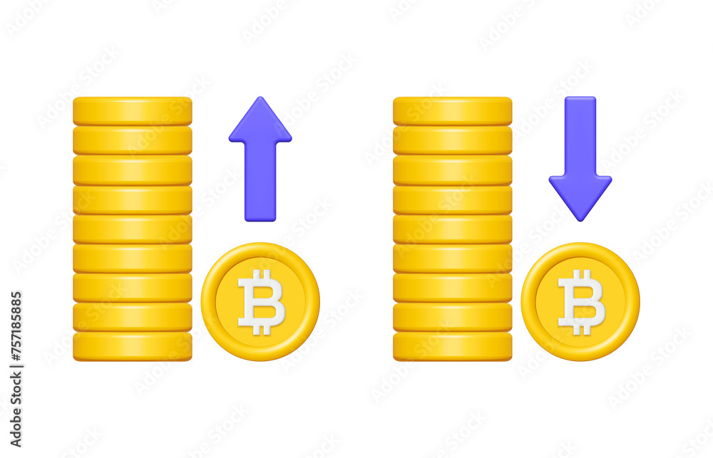 3d thai baht coin stack with up and down arrow isolated on white ...