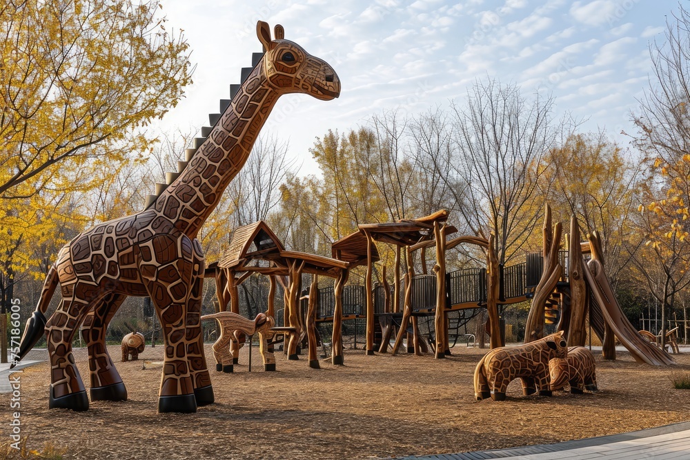 A bronze statue of a giraffe towering over the parks landscape ...