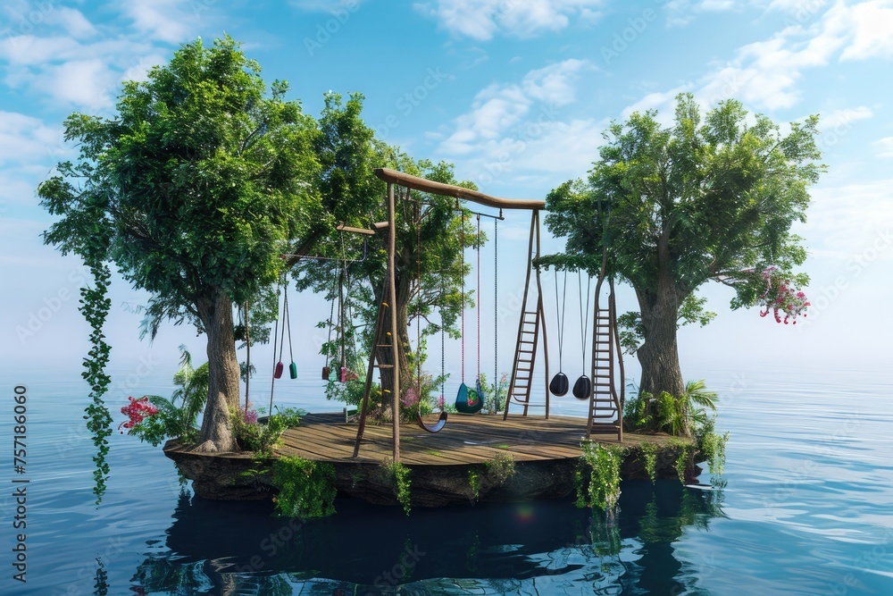 A swing set is suspended above a body of water, creating a unique and ...