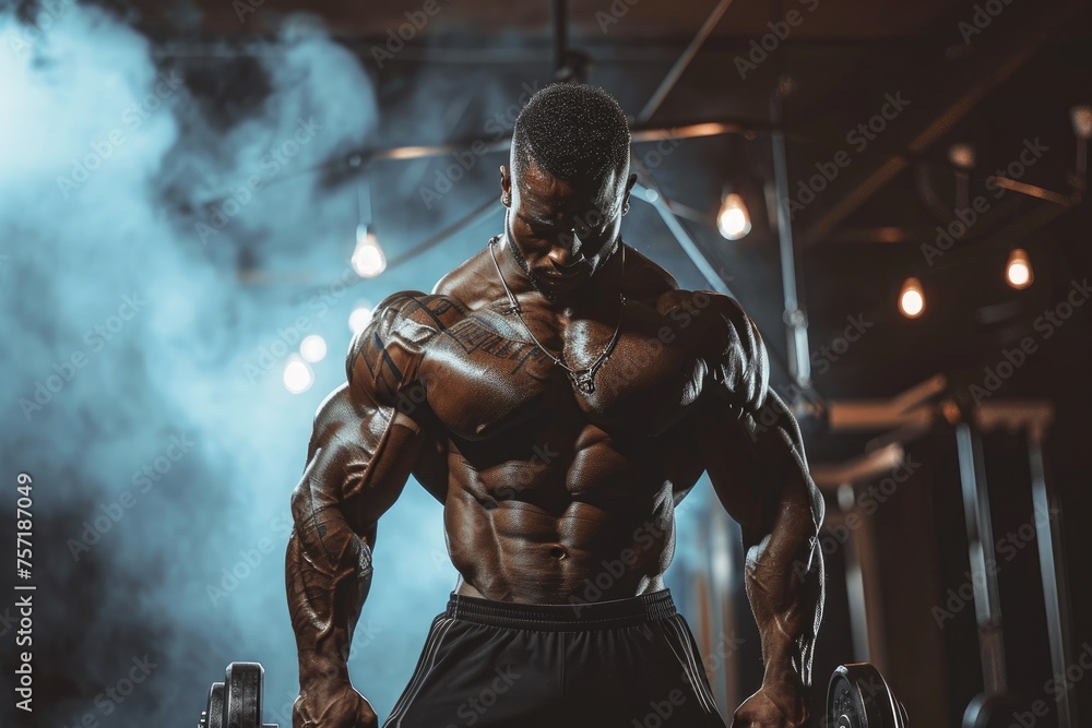 A muscular man with no shirt on is seen demonstrating strength as he ...