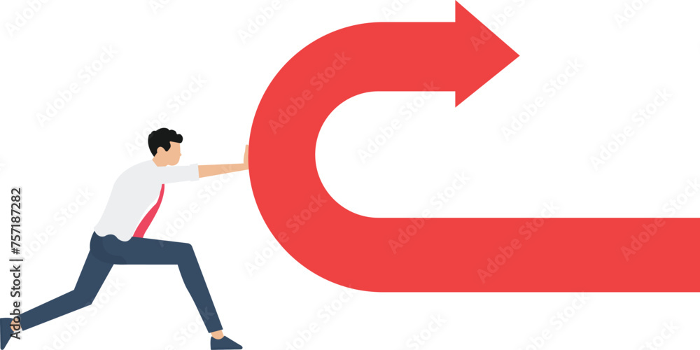 Change of a direction, Businessman changing the path of a huge arrow to ...