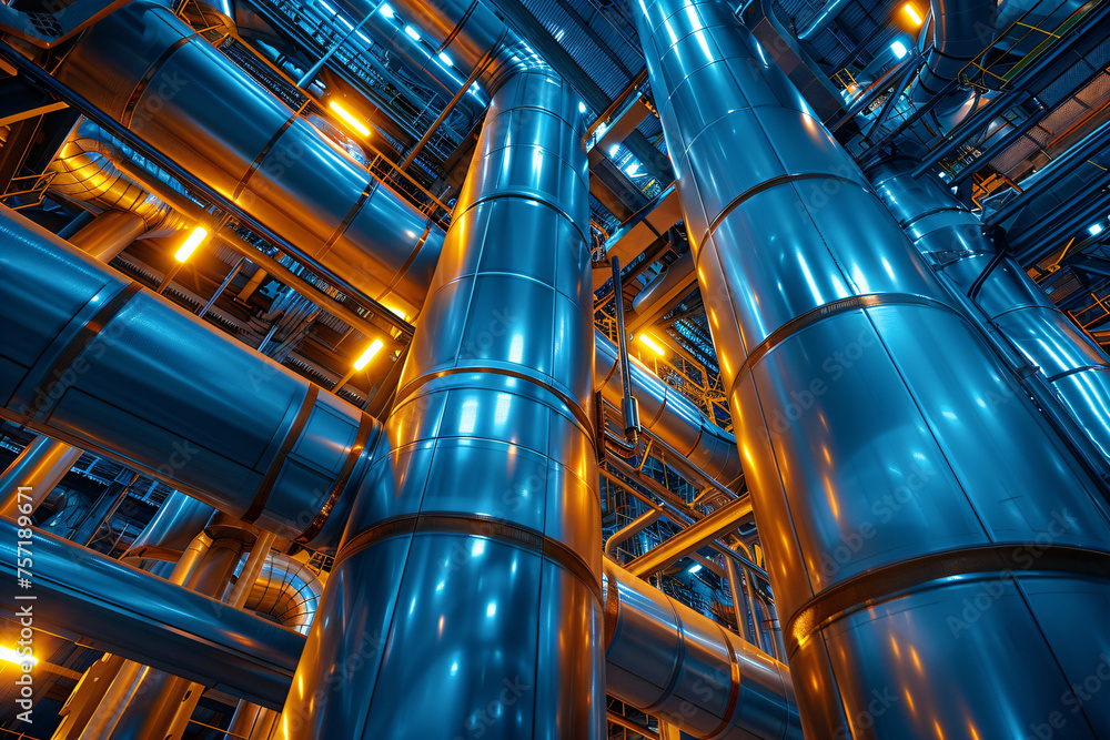Industrial pipes in a factory with blue lighting. Industrial design ...