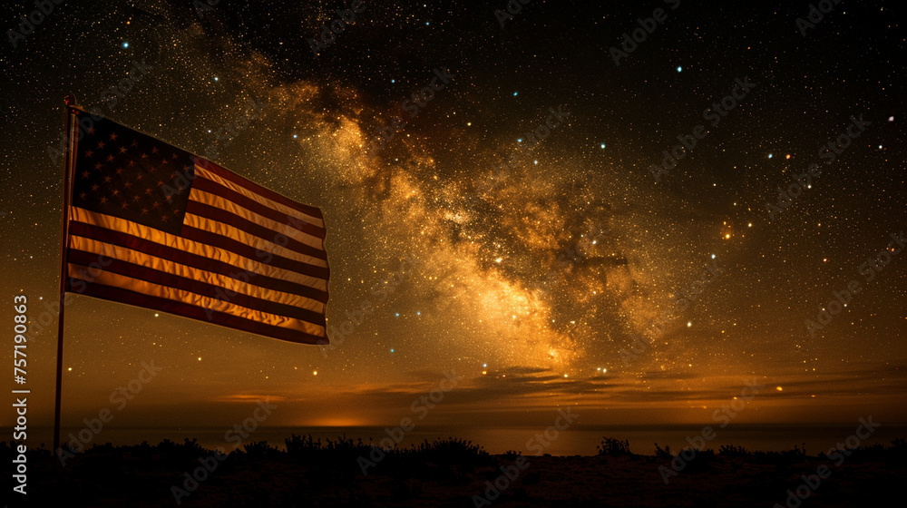See an American flag illuminated against the night sky, its stars ...