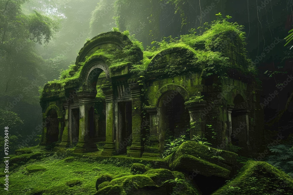A moss-covered building nestled amidst the tall trees and greenery of a ...