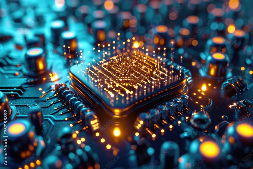 A detailed image displaying a close up view of a processor chip ...