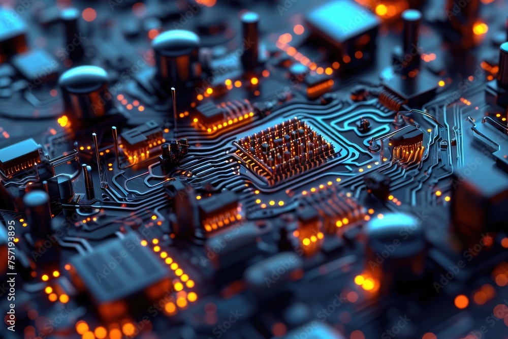 A detailed view of the inner workings of a computer circuit board ...