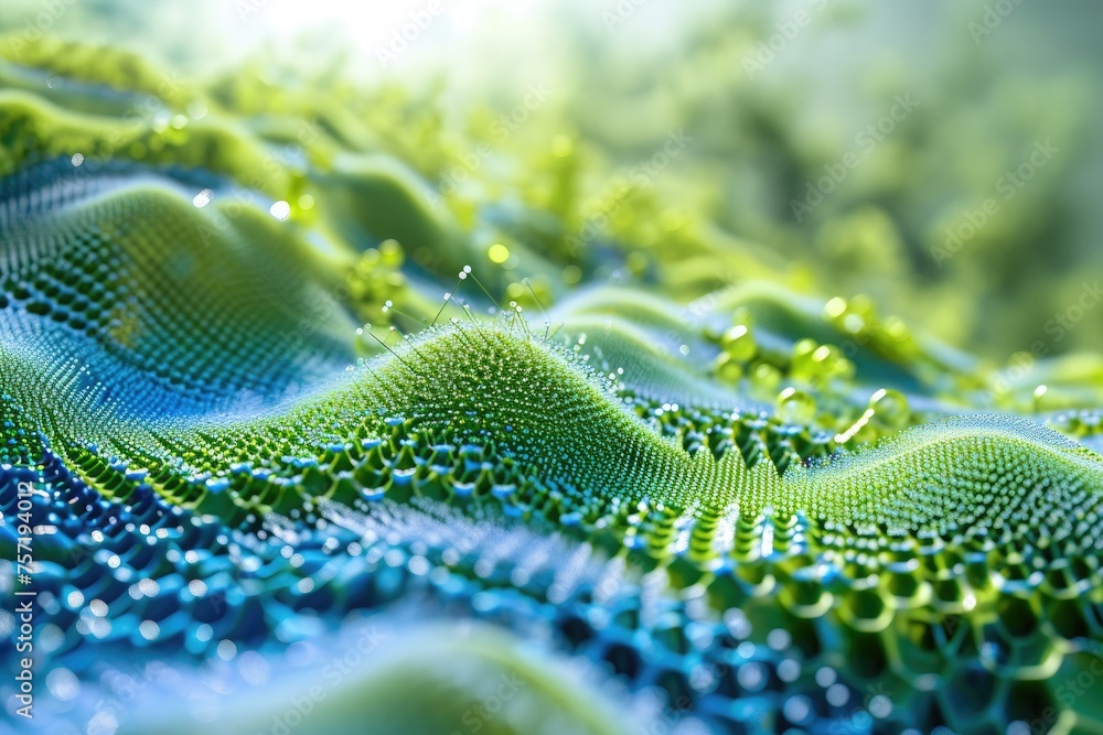 This computer-generated image features a vivid green and blue wave with ...