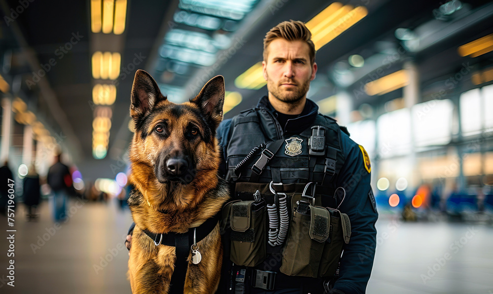 Confident police officer in uniform with a trained German Shepherd dog ...