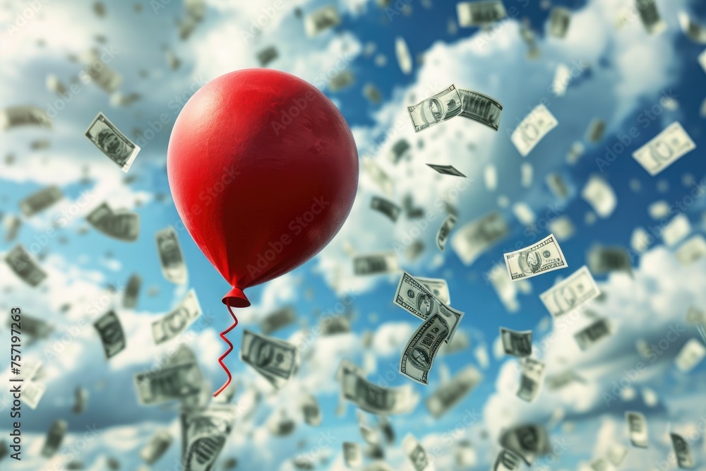 A red balloon filled with money soars through the air, creating a ...