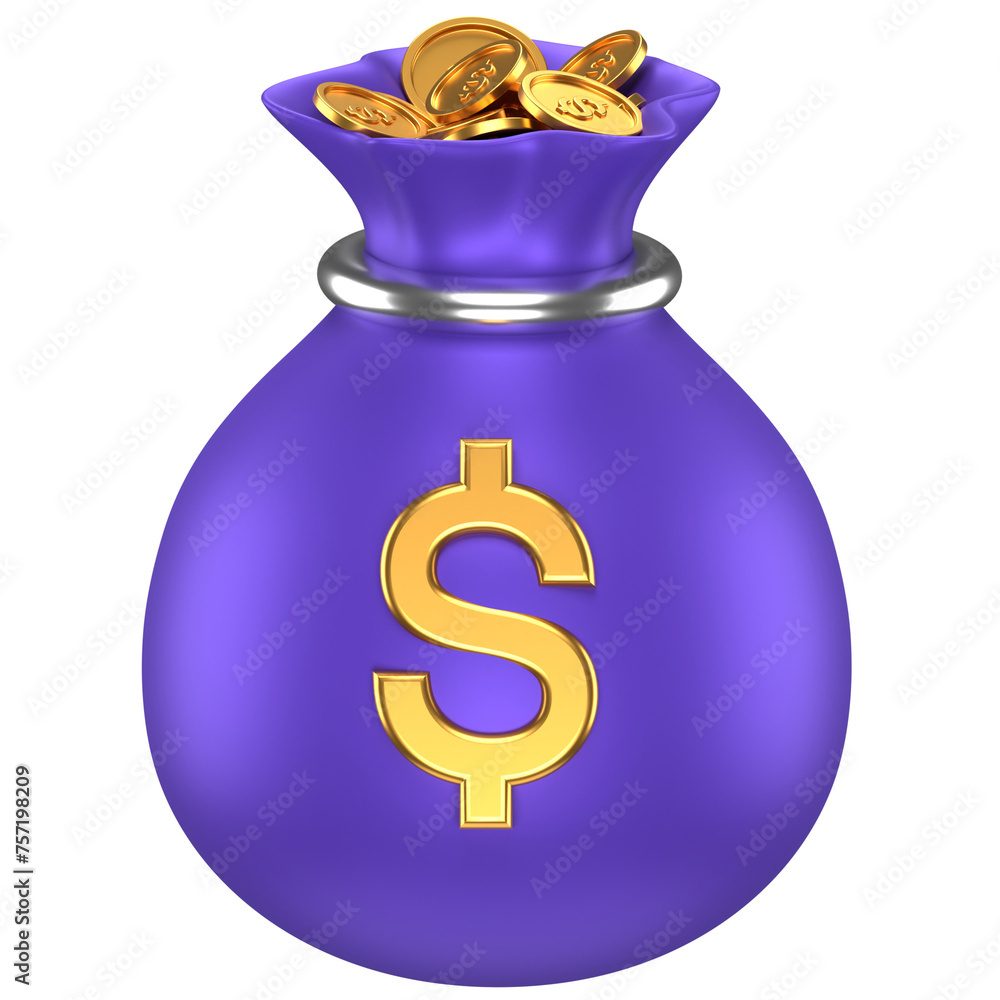 3d icon of a purple coin sack with golden dollar sign and gold coins ...