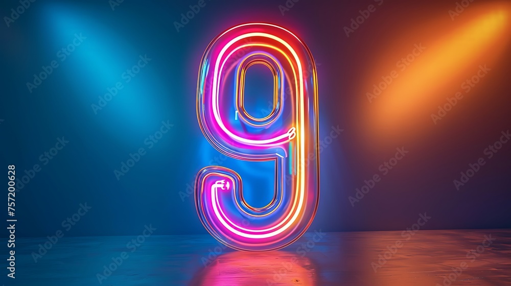 3d rendering. Neon number nine. Glowing colorful line inside the glass ...