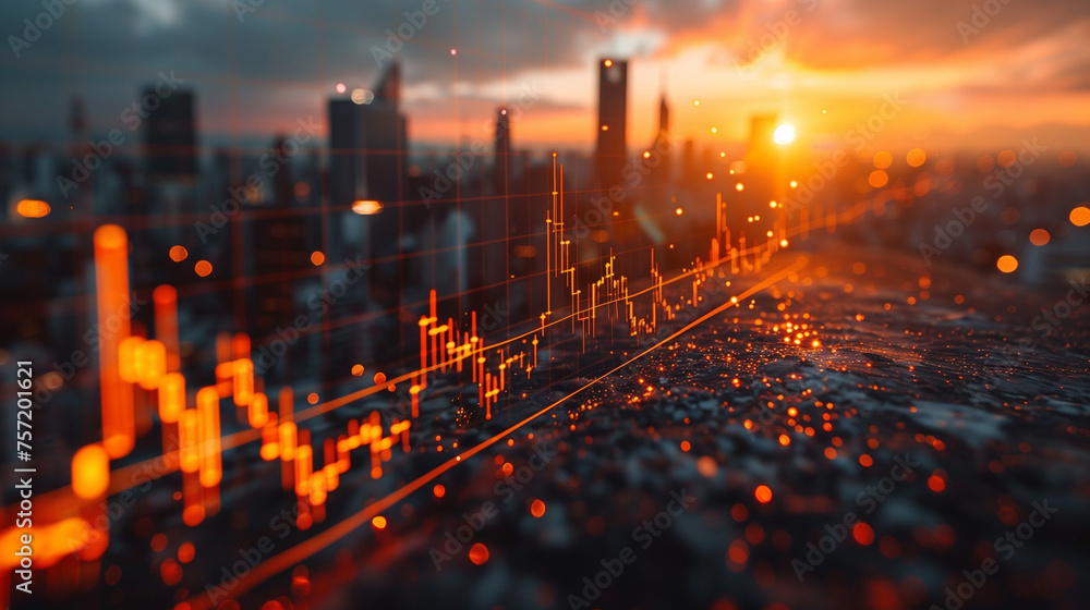 A conceptual visualization shows a financial stock market graph with ...