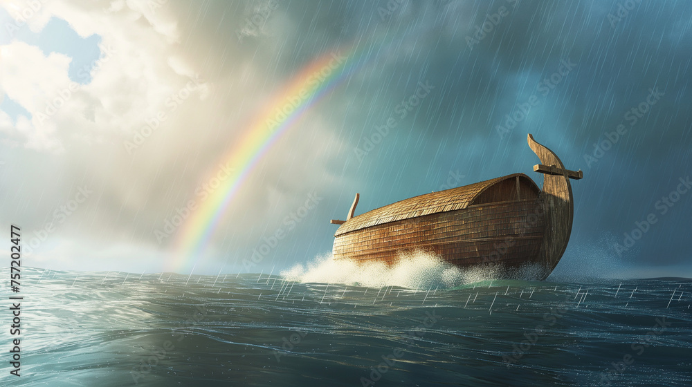 A vivid portrayal of Noah's Ark amidst the floodwaters, with a rainbow ...