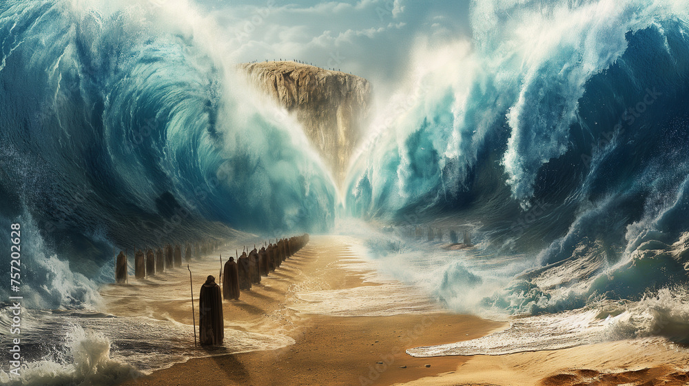 Moses parting the Red Sea, with the Israelites crossing on dry ground ...