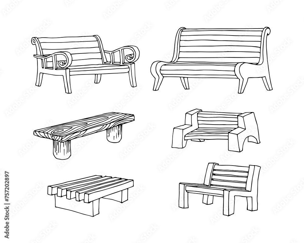 A set of garden benches. Vector illustration with black contour lines ...