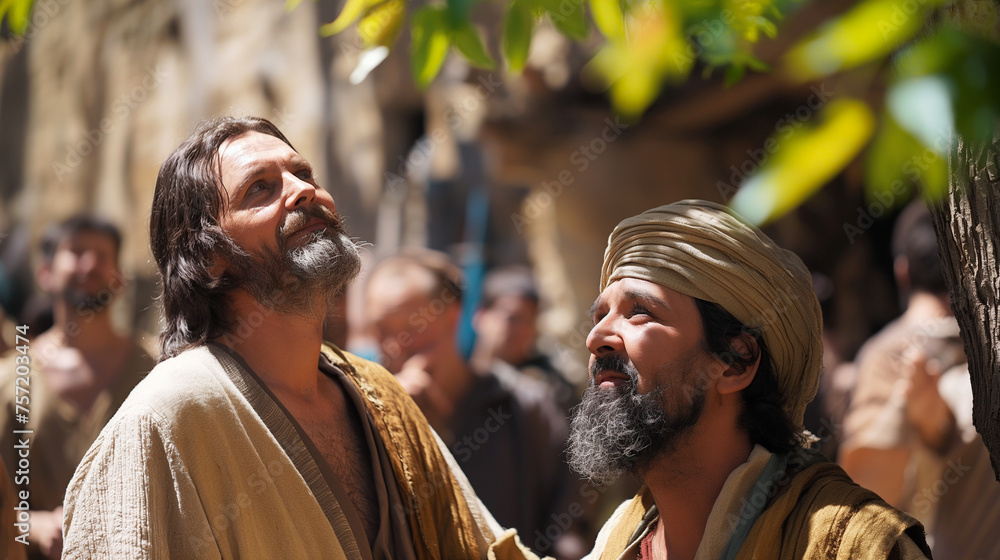 Photo Jesus and Zacchaeus, showing Jesus looking up to Zacchaeus in the ...