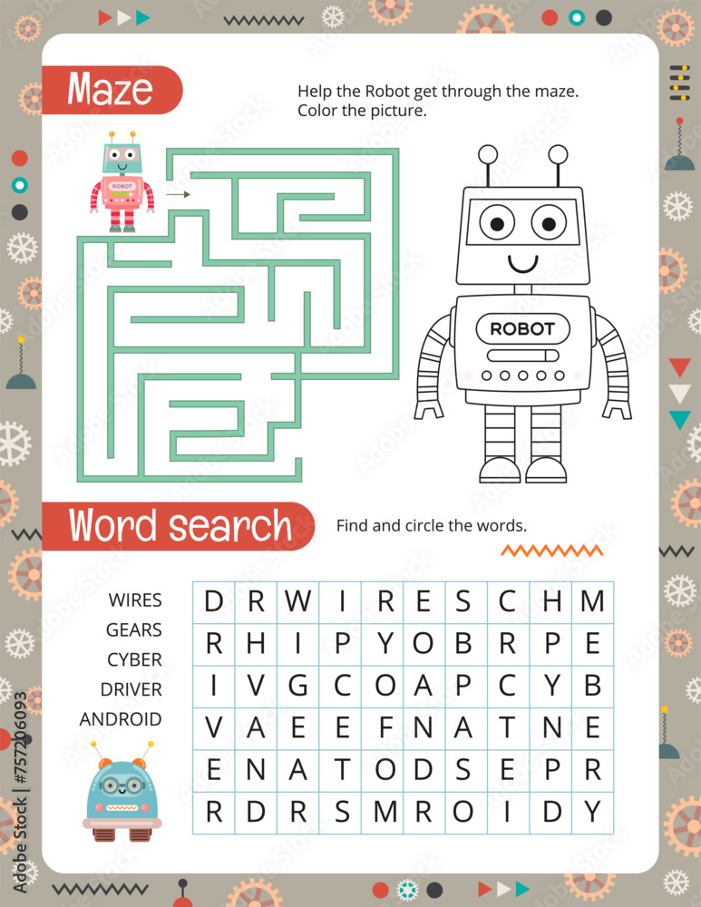 Activity Pages for Kids. Printable Activity Sheet with Cute Robots Mini ...
