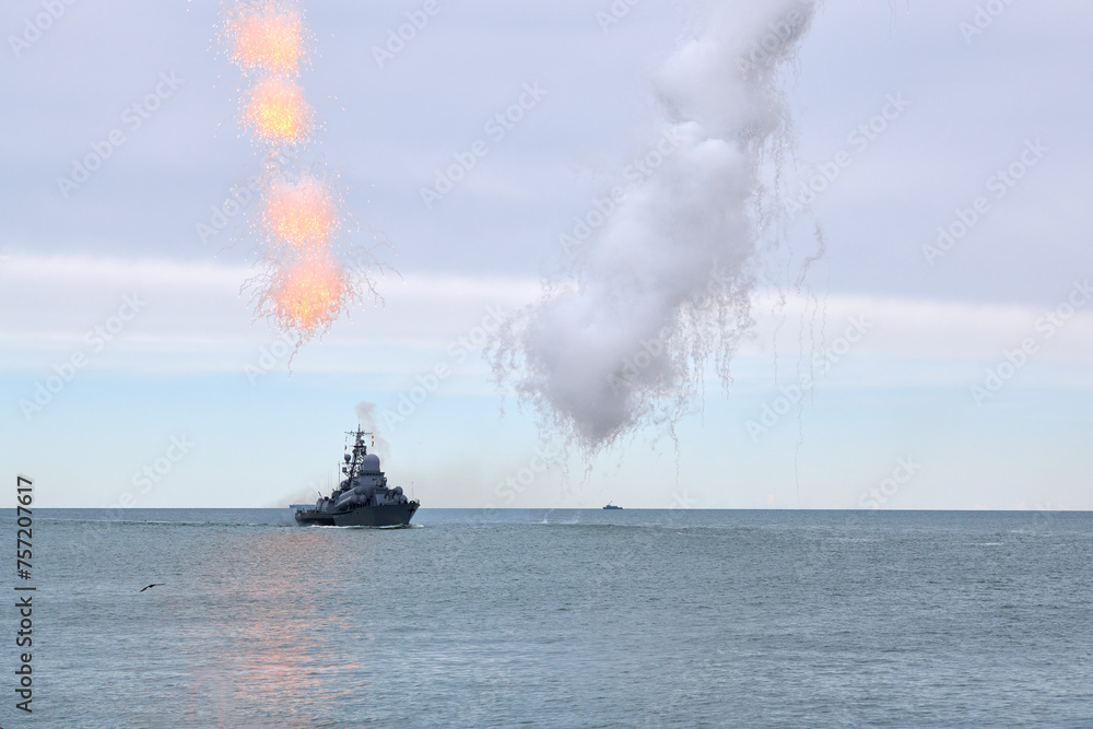 Russian warship fired decoy flares for self defense, sailing at sea ...
