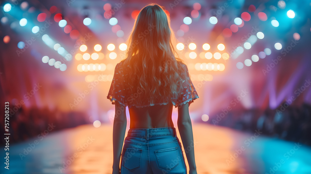 Fashion show. Female model shows off new collection of clothes at ...