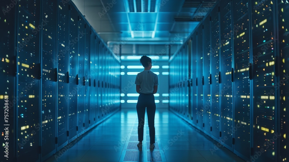 a data center operator is checking the system status on the server room ...