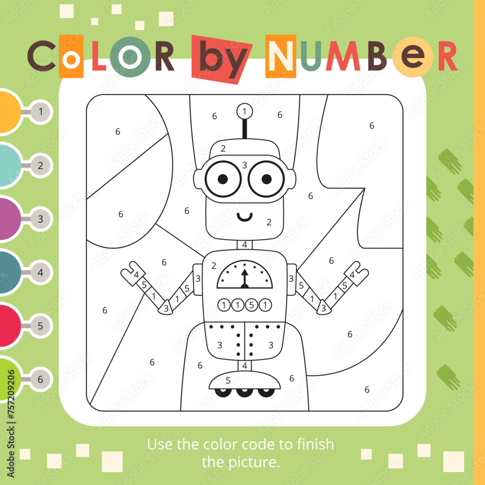 Color by numbers – cute robot. Drawing games for children. Coloring ...