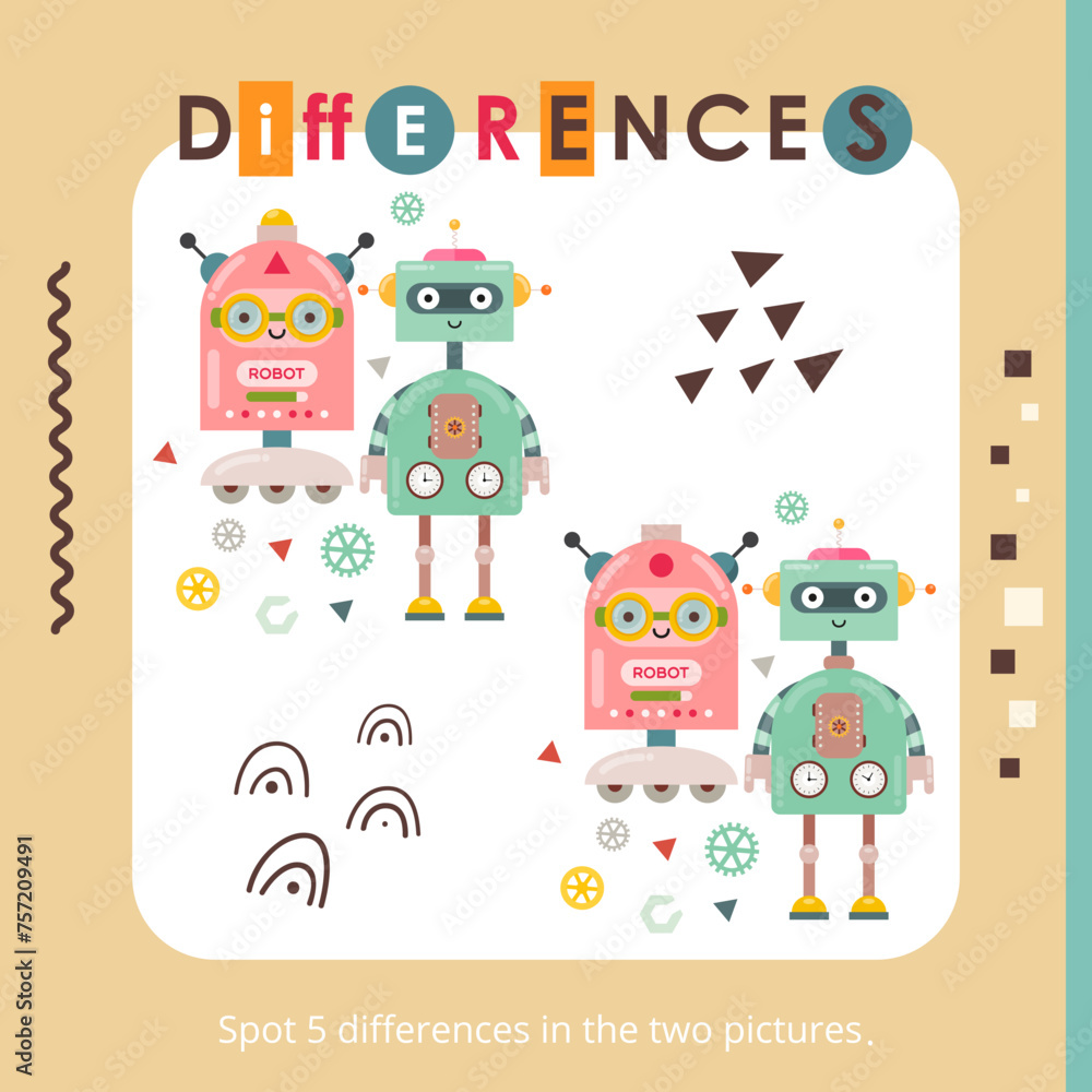 Robot activities for kids. Spot 5 differences. Cute pair robots. Vector ...