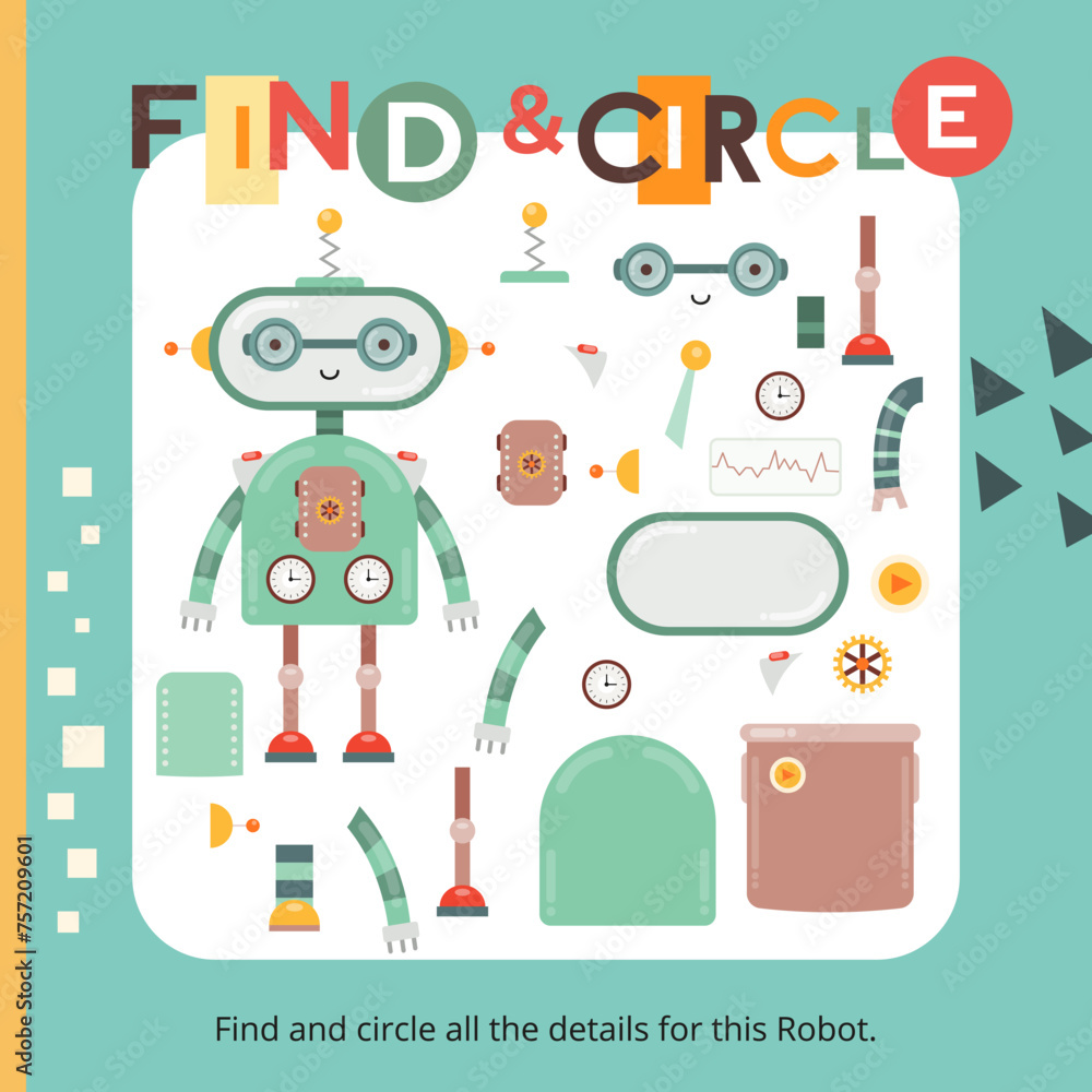 Robot activities for kids. Find and circle all details of robot. Vector ...