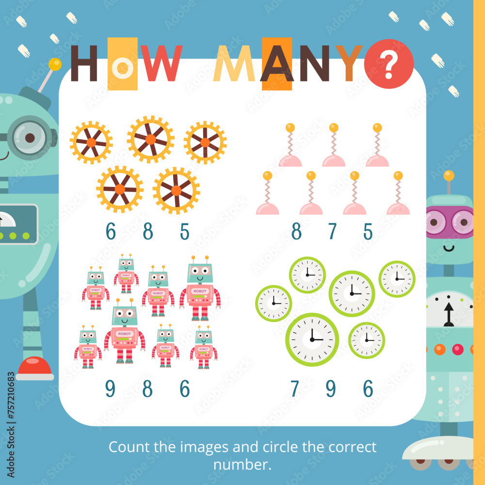 Robot activities for kids. How many. Count the number of robots and ...