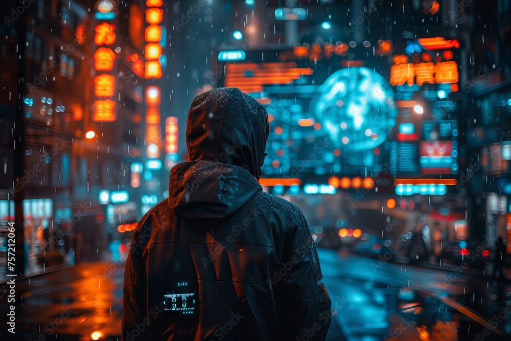 IT specialist in front of monitors and holograms with an interface and ...