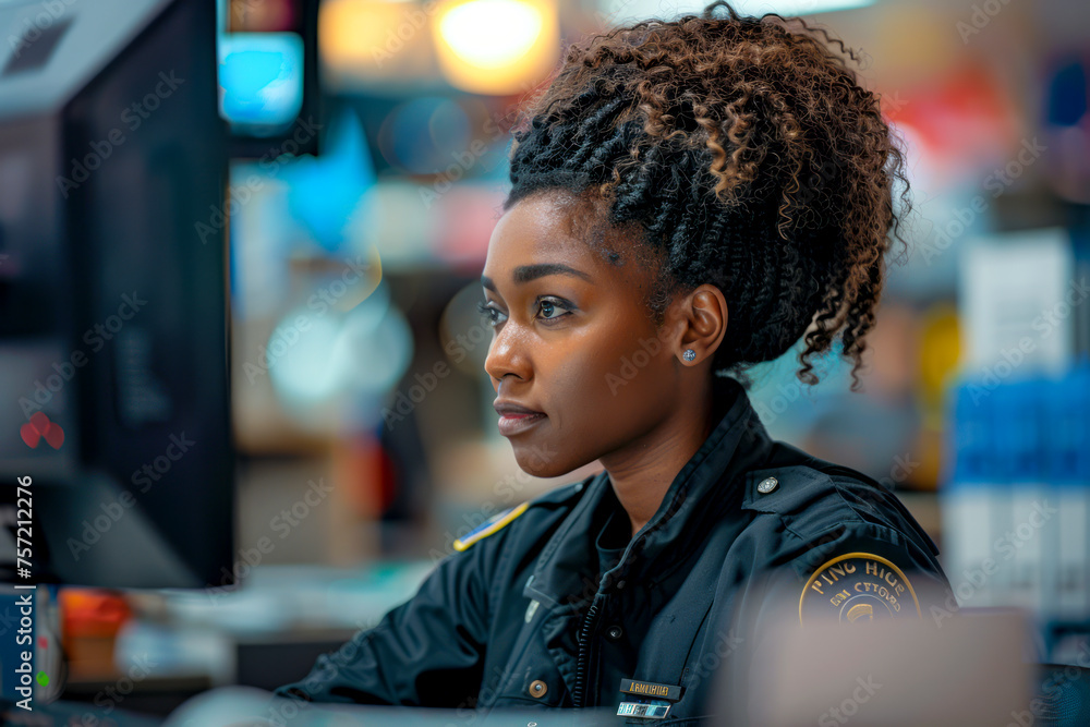 Professional black female police officer working at a station ...