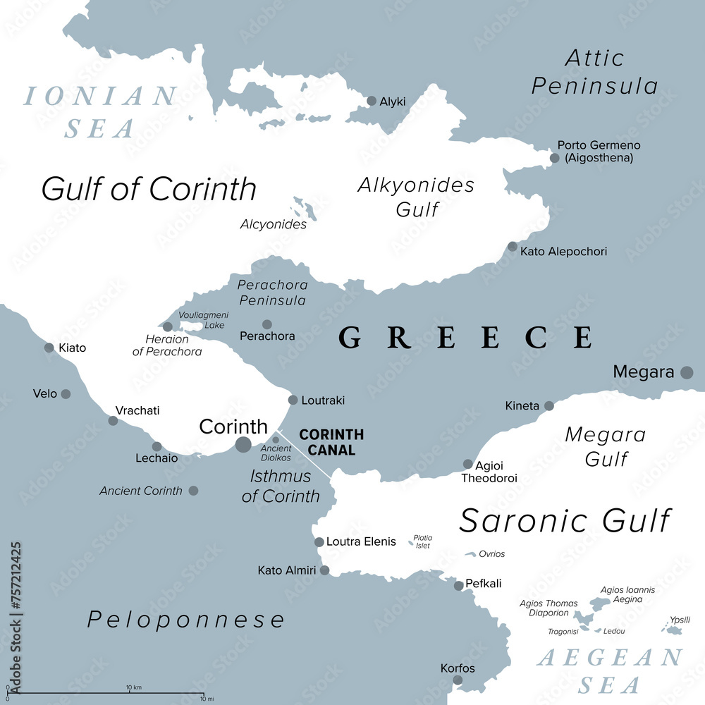 Corinth Canal, artificial waterway in Greece, gray political map ...