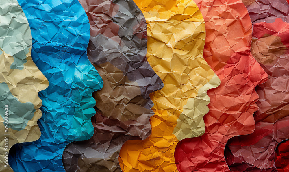 Silhouettes of human heads profiles pattern of different colors with ...