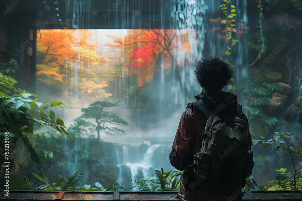 IT specialist in front of monitors and holograms with an interface and ...